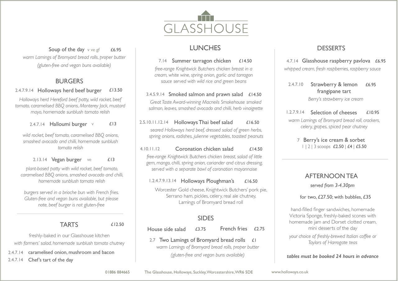 The Glasshouse Menus | Holloways