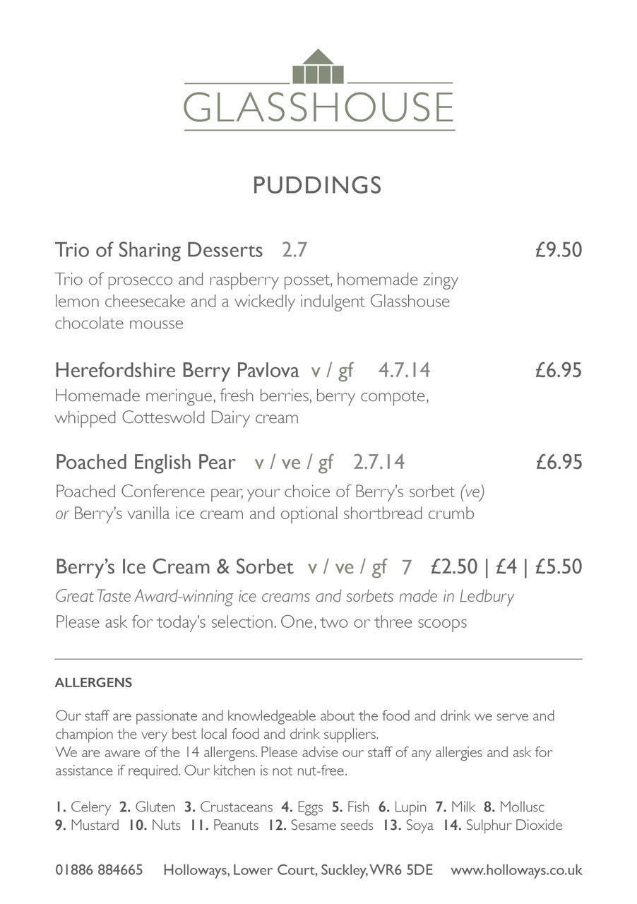The Glasshouse Menus | Holloways