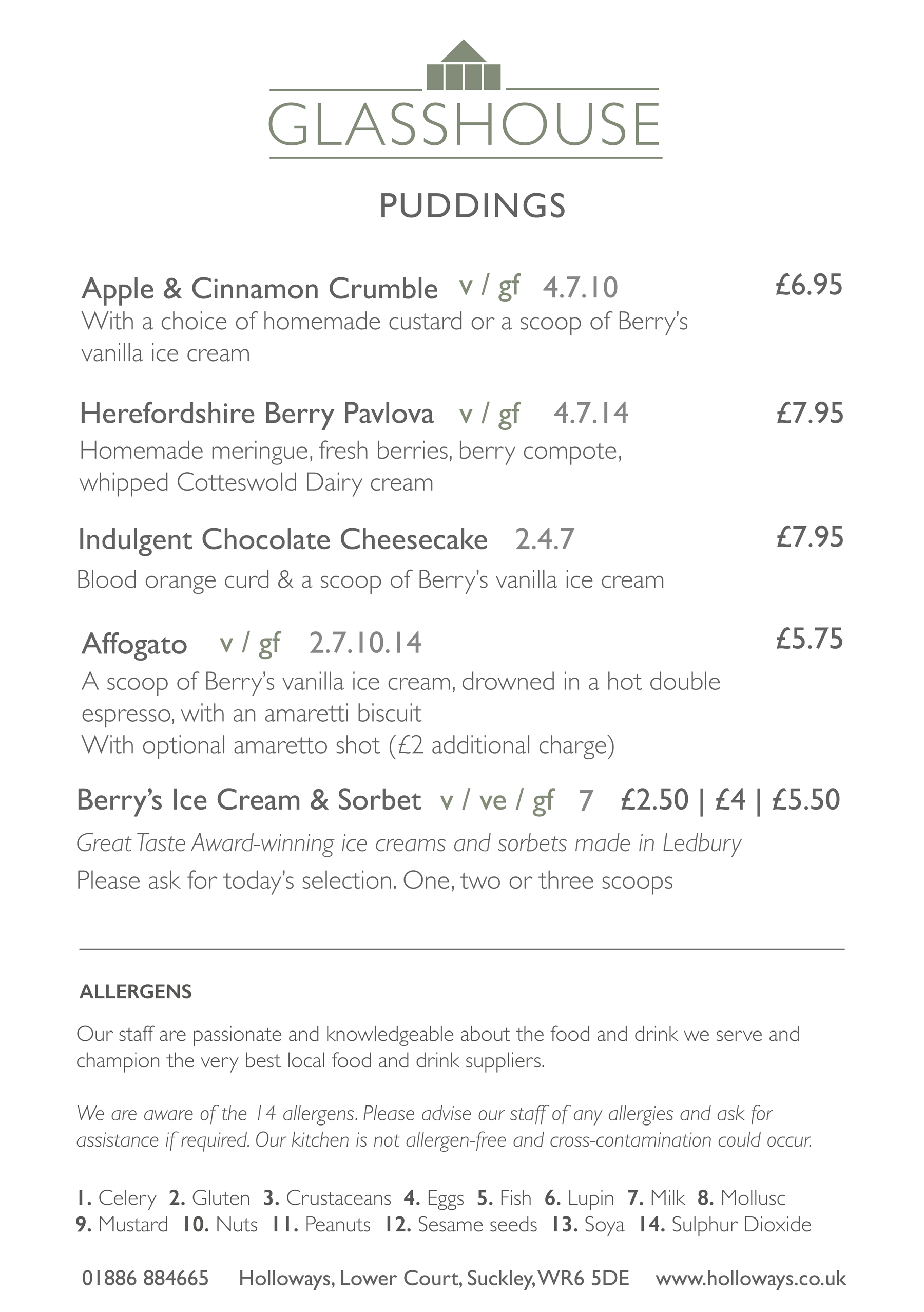 The Glasshouse Menus | Holloways