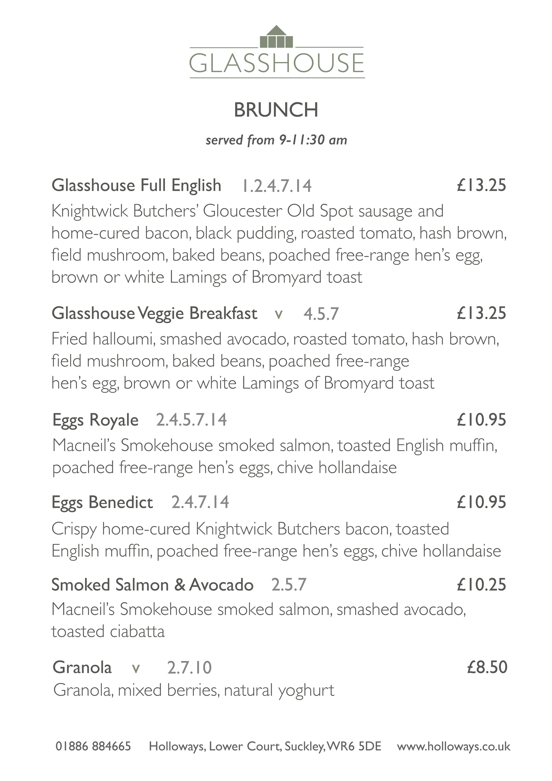 The Glasshouse Menus | Holloways