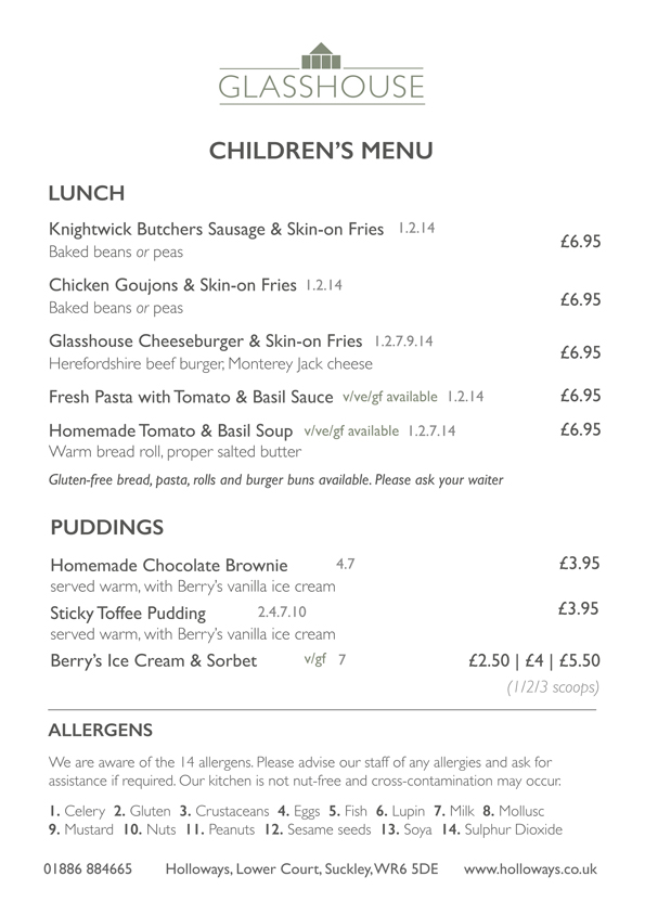 The Glasshouse Menus | Holloways