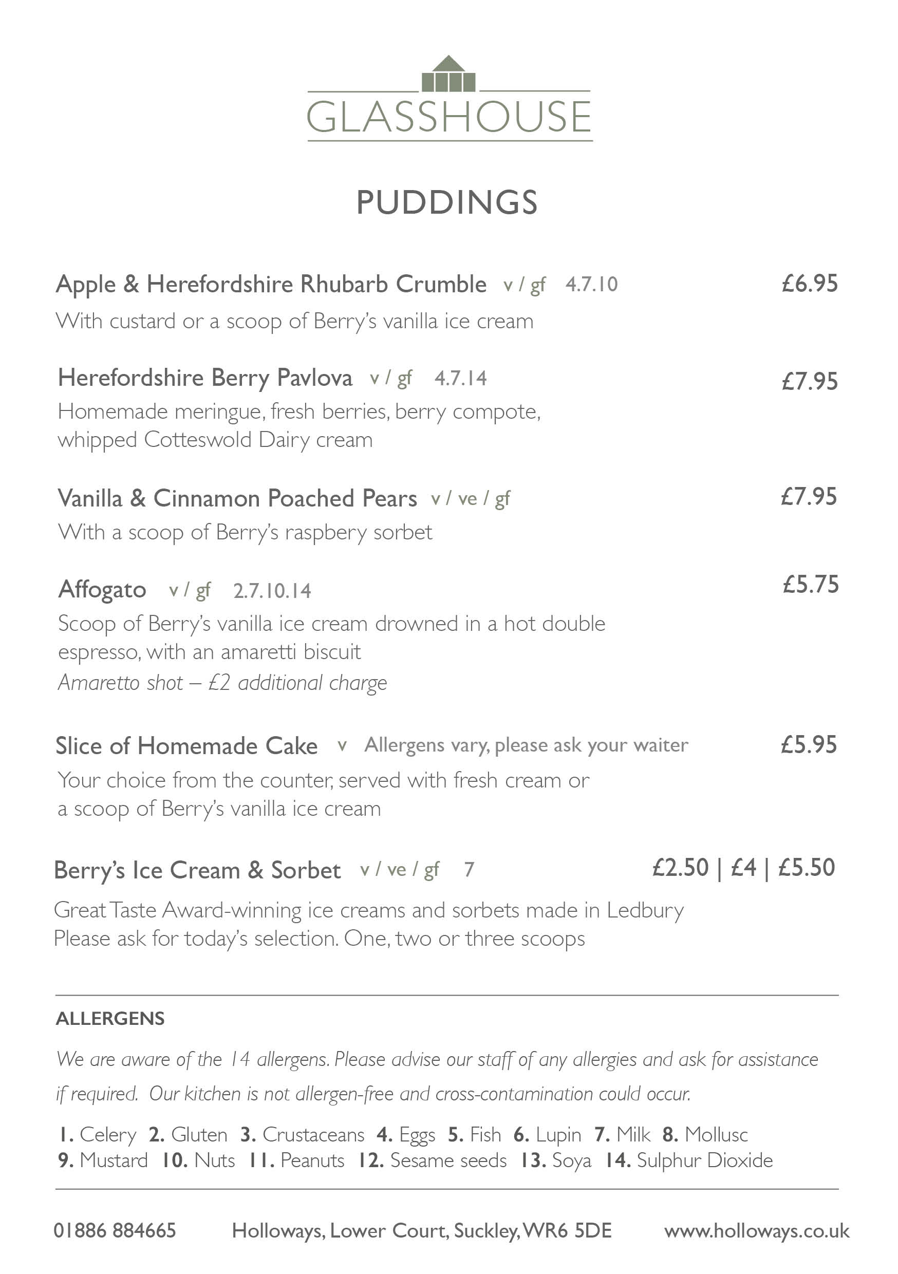The Glasshouse Menus | Holloways