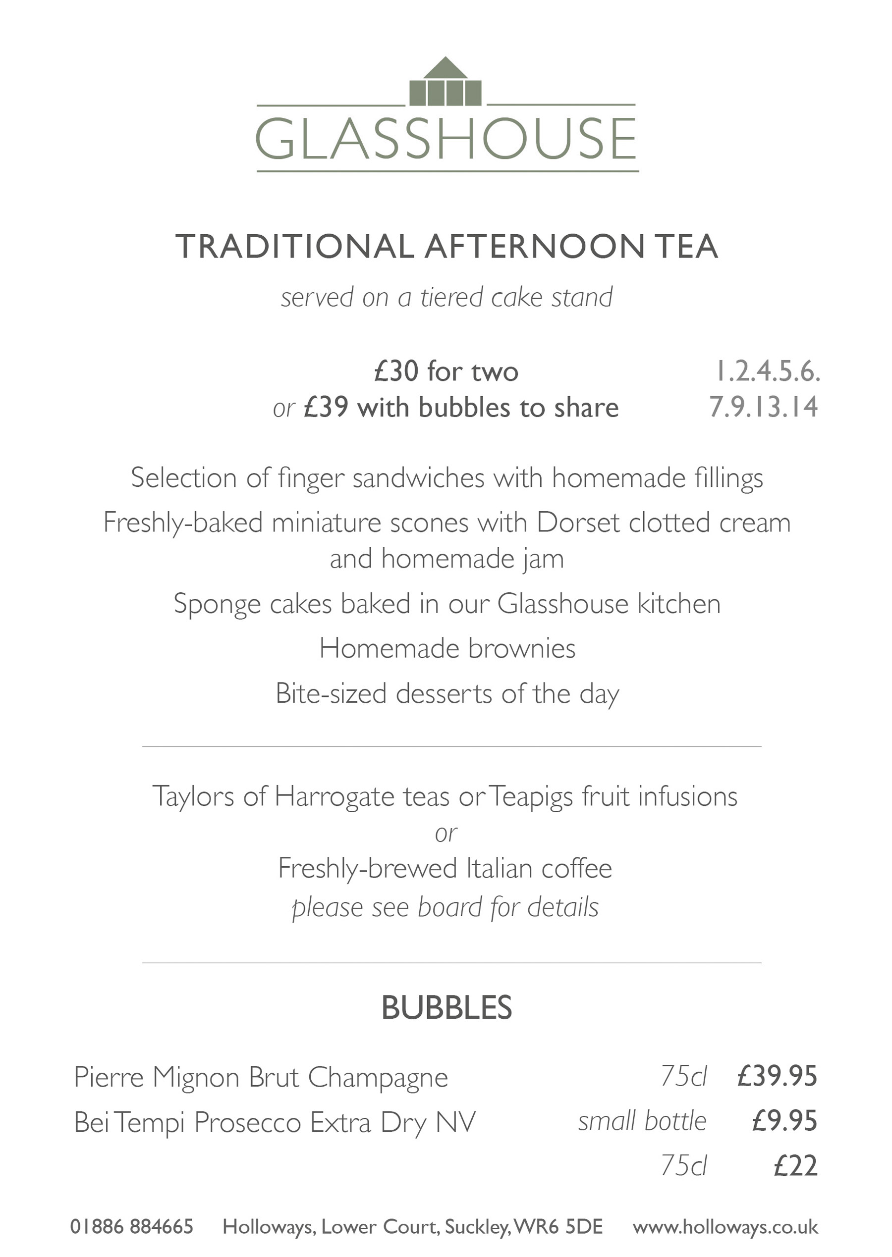 The Glasshouse Menus | Holloways