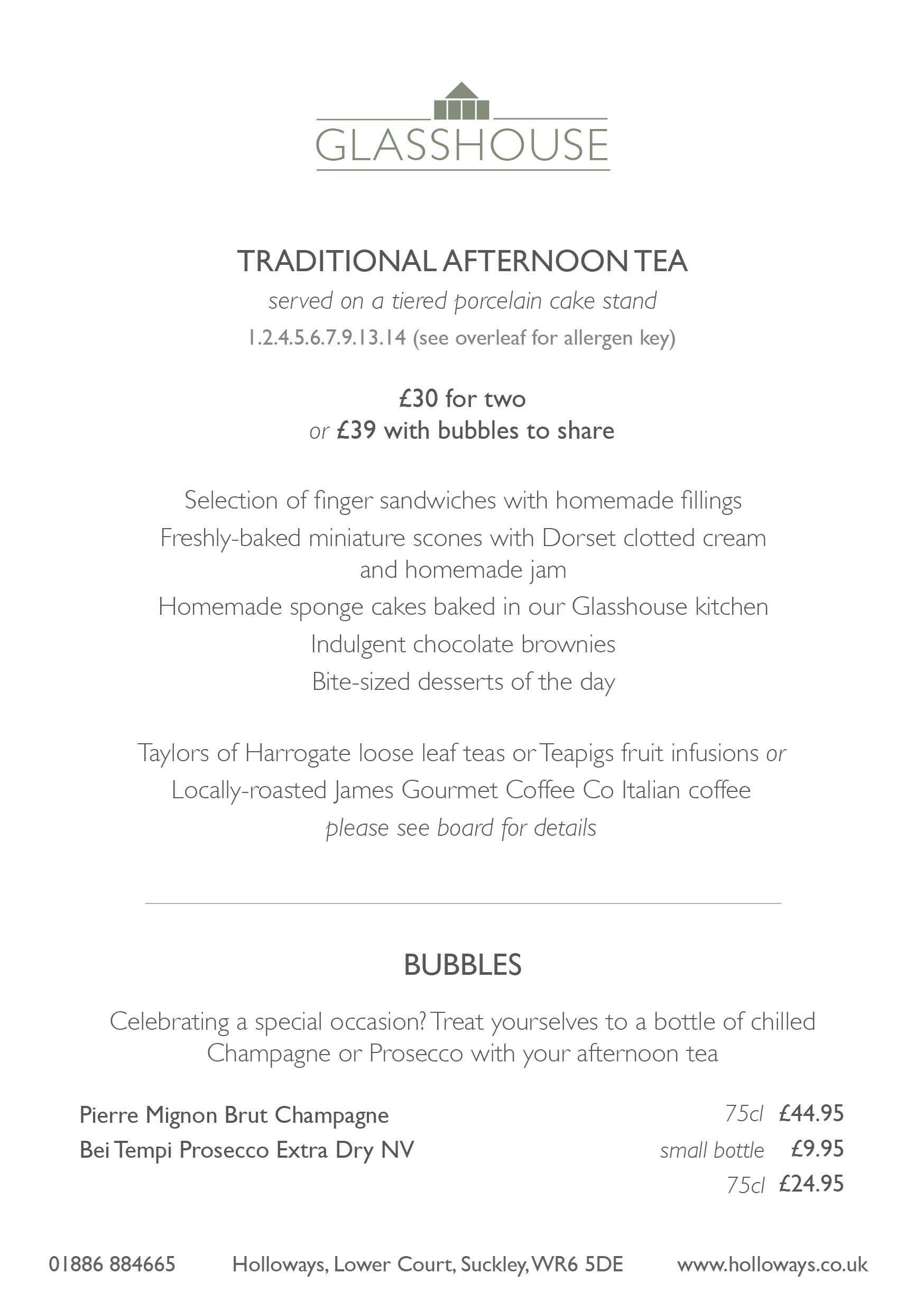 The Glasshouse Menus | Holloways