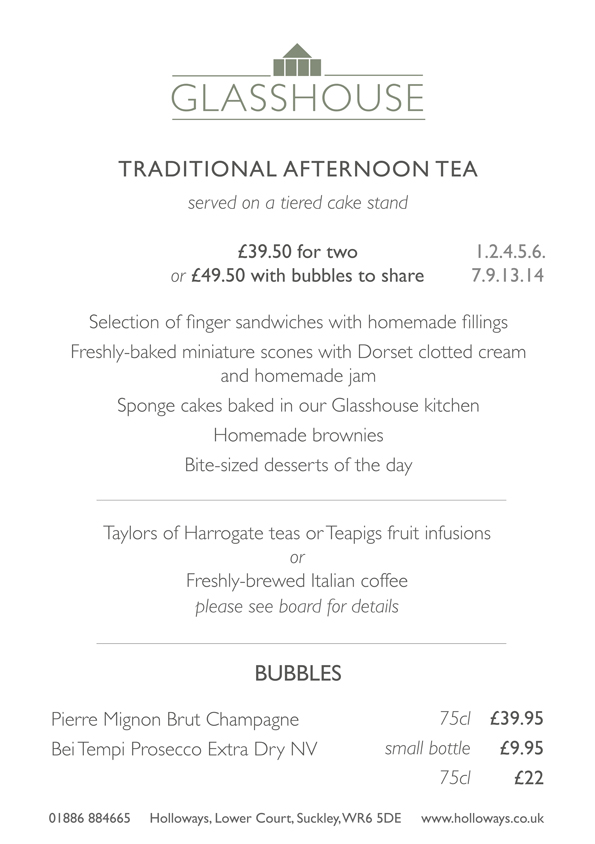 The Glasshouse Menus | Holloways